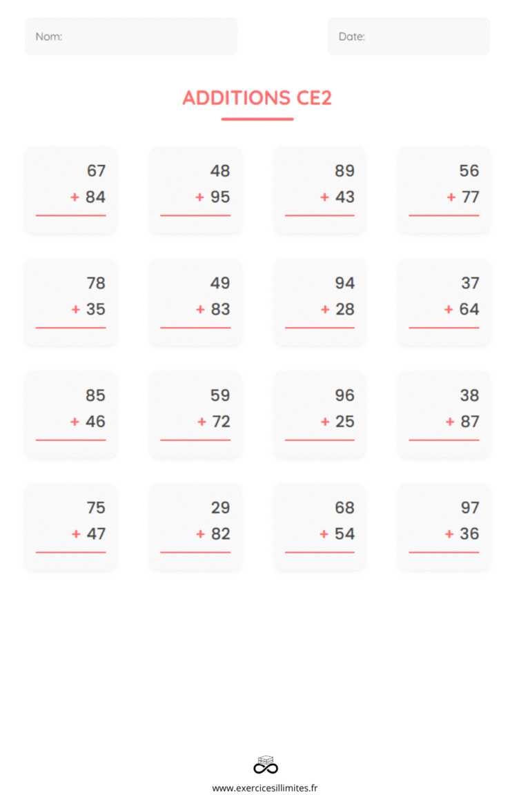 Additions CE2 : Exercices & Fiches Gratuites