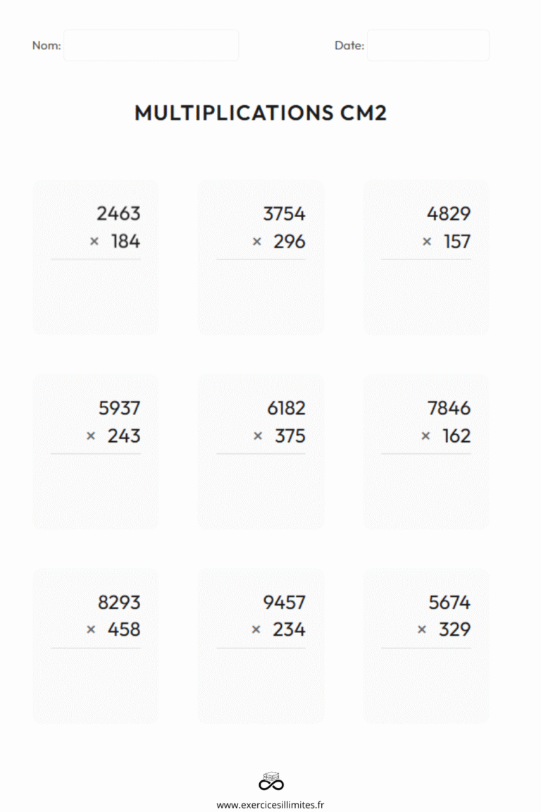 Exercices de multiplication CM2 à imprimer et en ligne