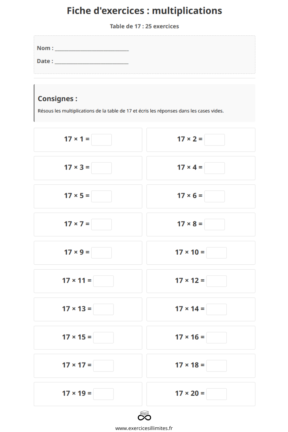 Table de multiplication de 17 – Exercices et évaluation