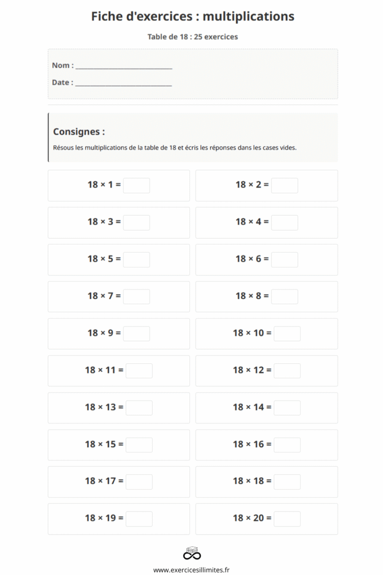 Table de multiplication de 18 – Exercices et évaluation
