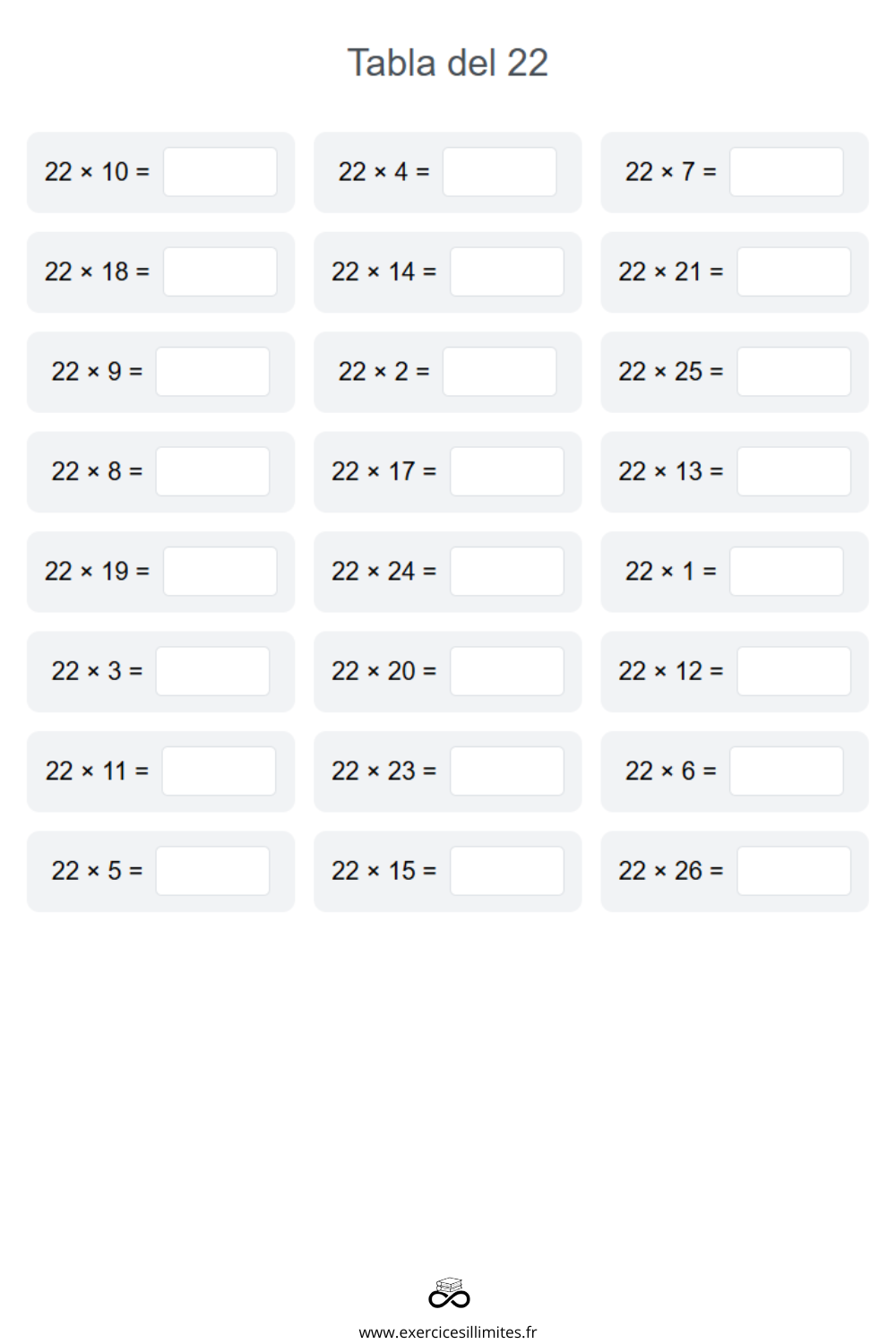 Table de multiplication de 22 – Exercices et évaluation