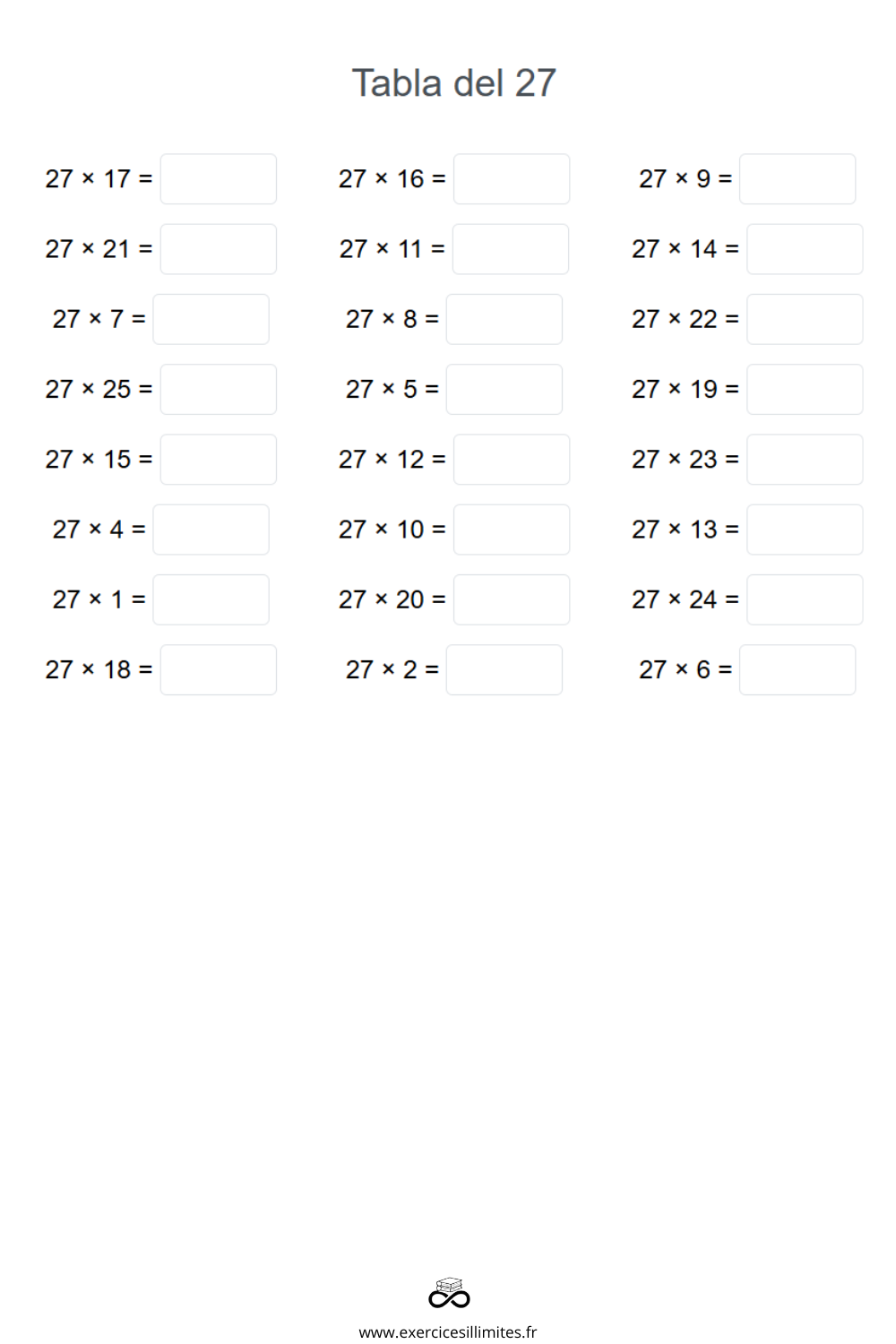 Table de multiplication de 27 – Exercices et évaluation