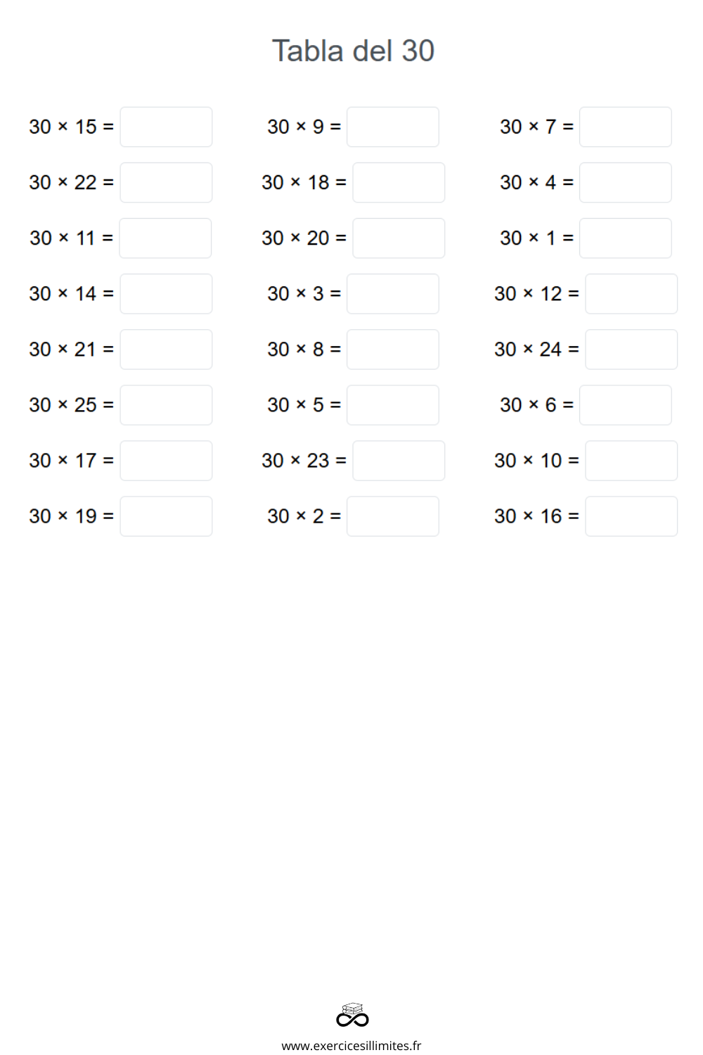 Table de multiplication de 30 – Exercices et évaluation