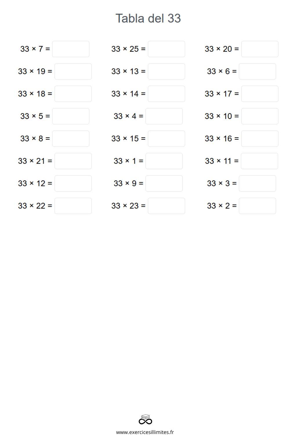 Table de multiplication de 33 – Exercices et évaluation