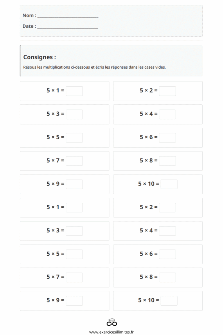 Table de multiplication de 5 – Exercices et évaluation