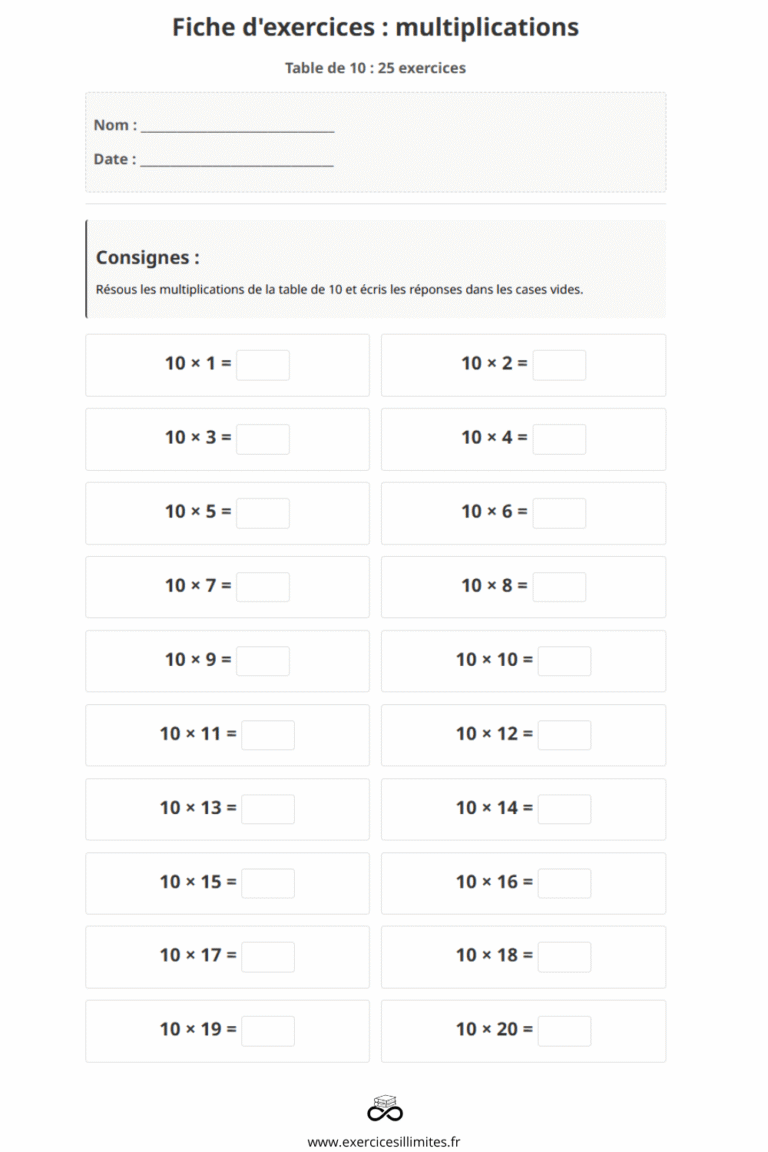 Table de multiplication de 10 – Exercices et évaluation