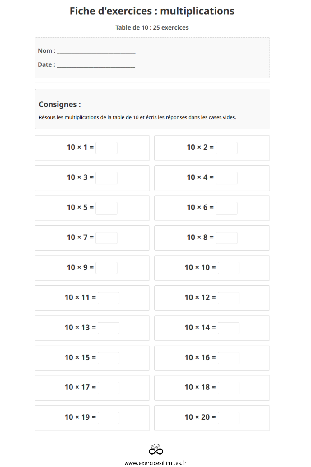 Table de multiplication de 10 – Exercices et évaluation