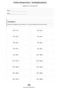 Table de multiplication de 11 – Exercices et évaluation