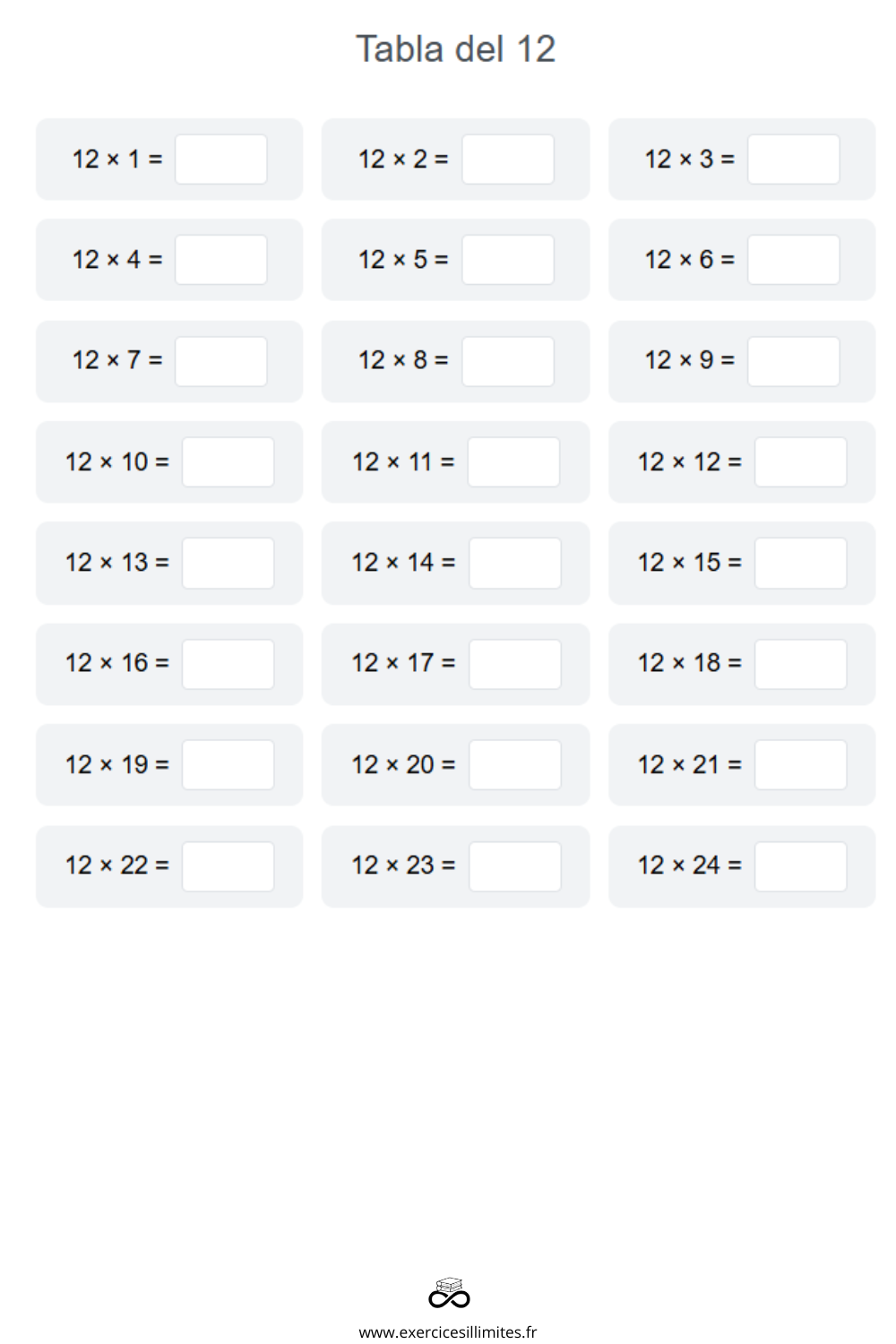 Table de multiplication de 12 – Exercices et évaluation