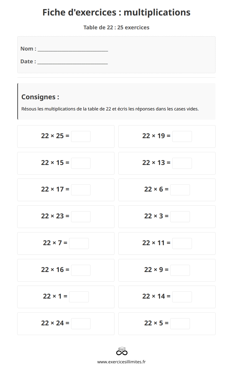Table de multiplication de 22 – Exercices et évaluation