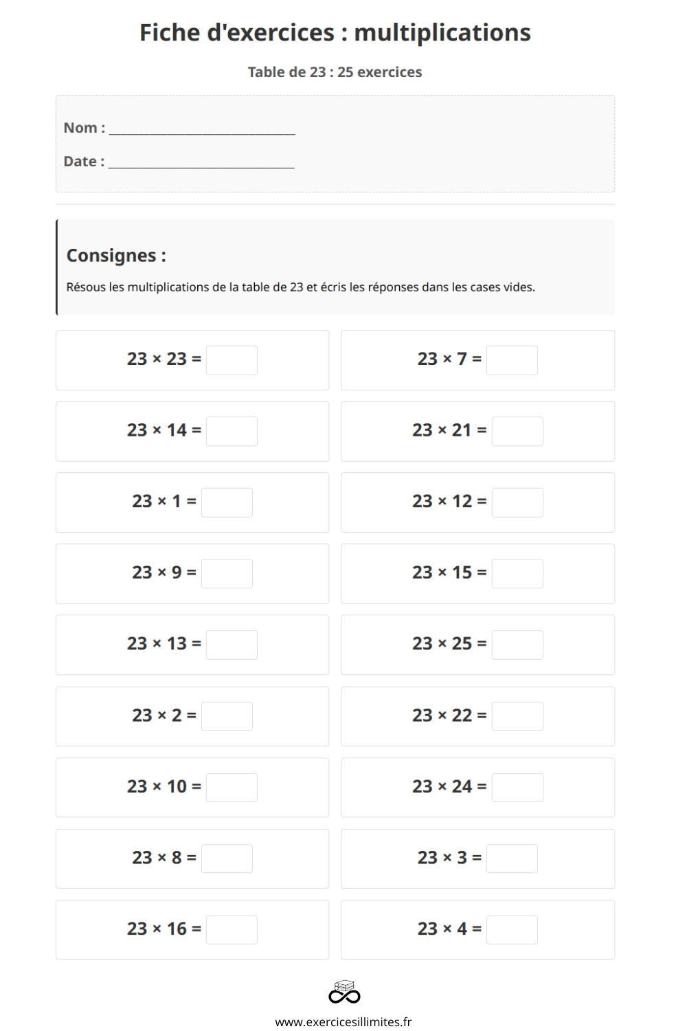 Table de multiplication de 23 – Exercices et évaluation