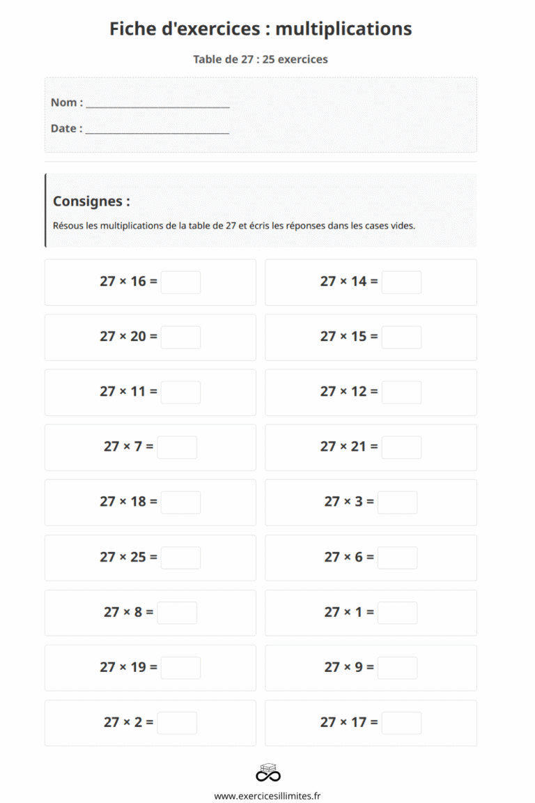 Table de multiplication de 27 – Exercices et évaluation