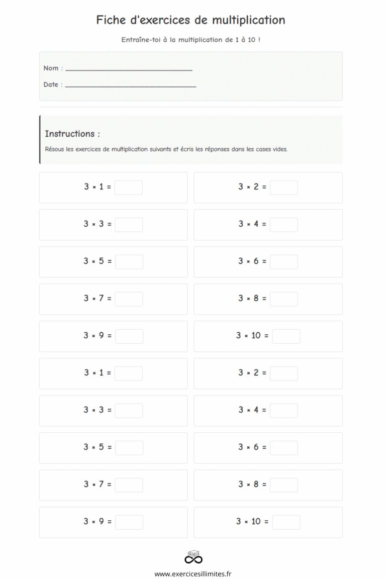 Table de multiplication de 3 – Exercices et évaluation