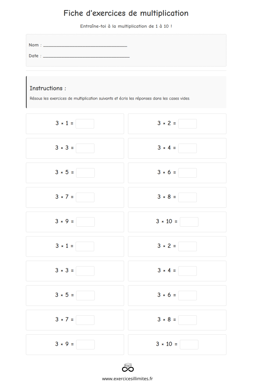 Table de multiplication de 3 – Exercices et évaluation