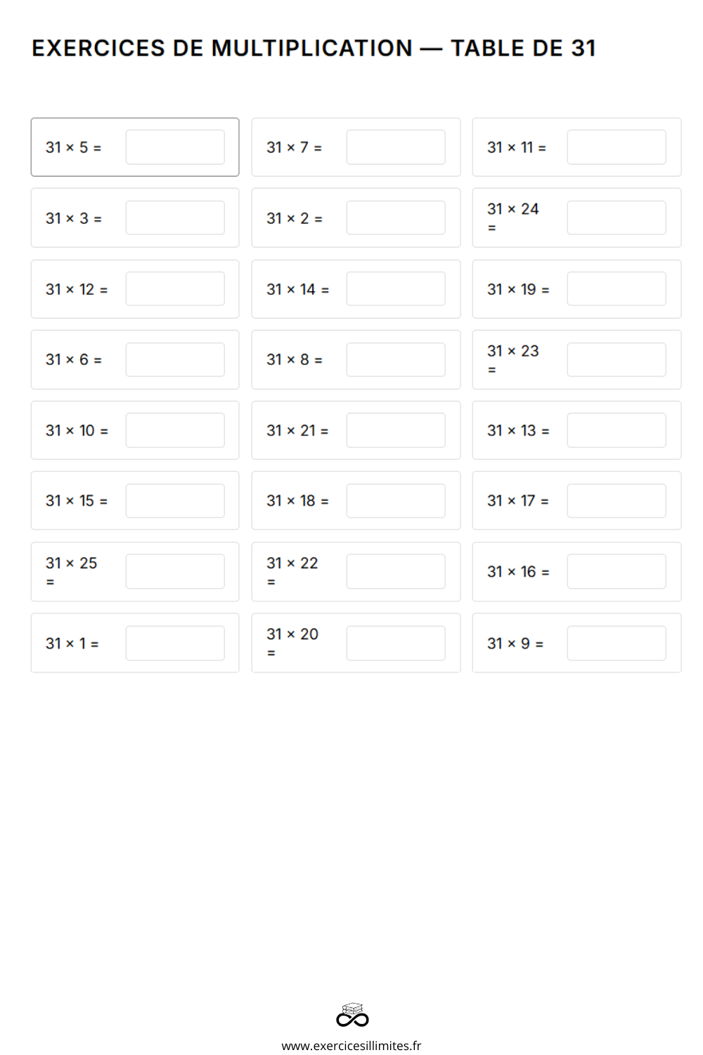 Table de multiplication de 31 – Exercices et évaluation