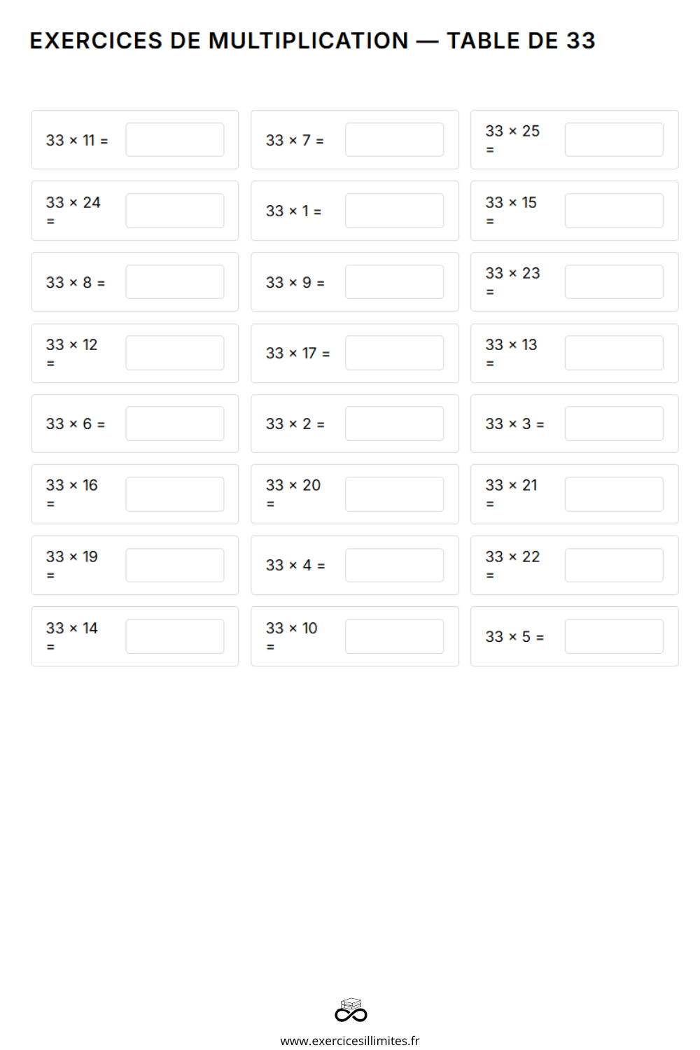 Table de multiplication de 33 – Exercices et évaluation