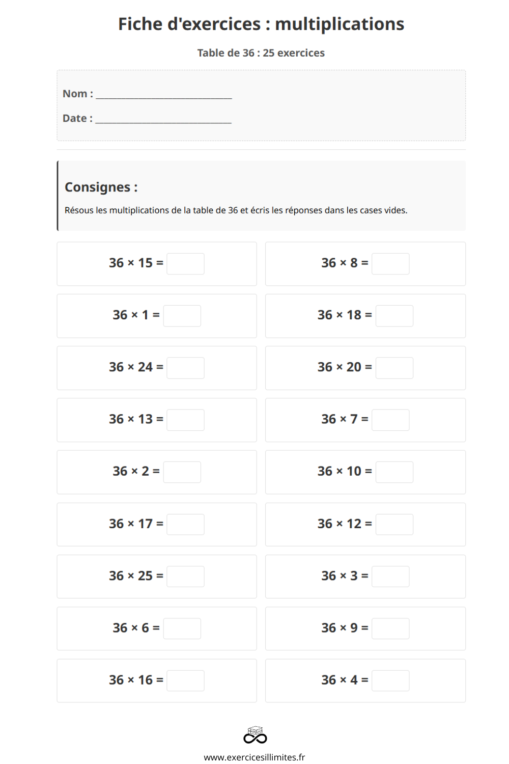 Table de multiplication de 36 – Exercices et évaluation