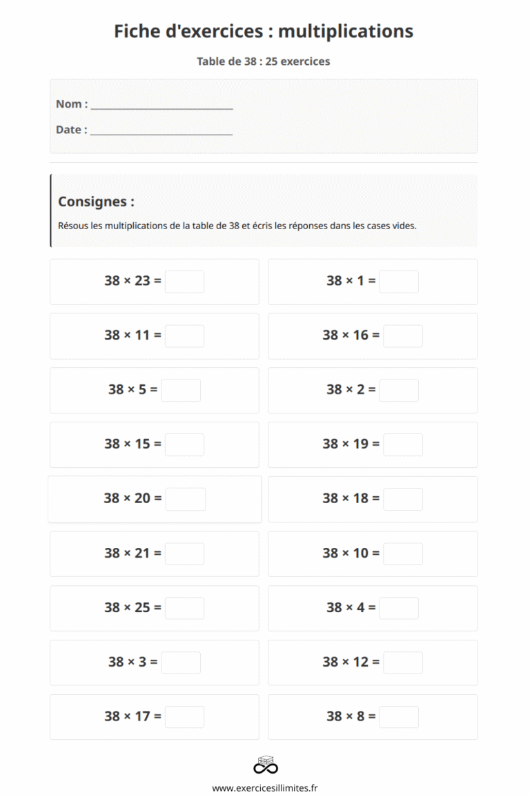 Table de multiplication de 38 – Exercices et évaluation