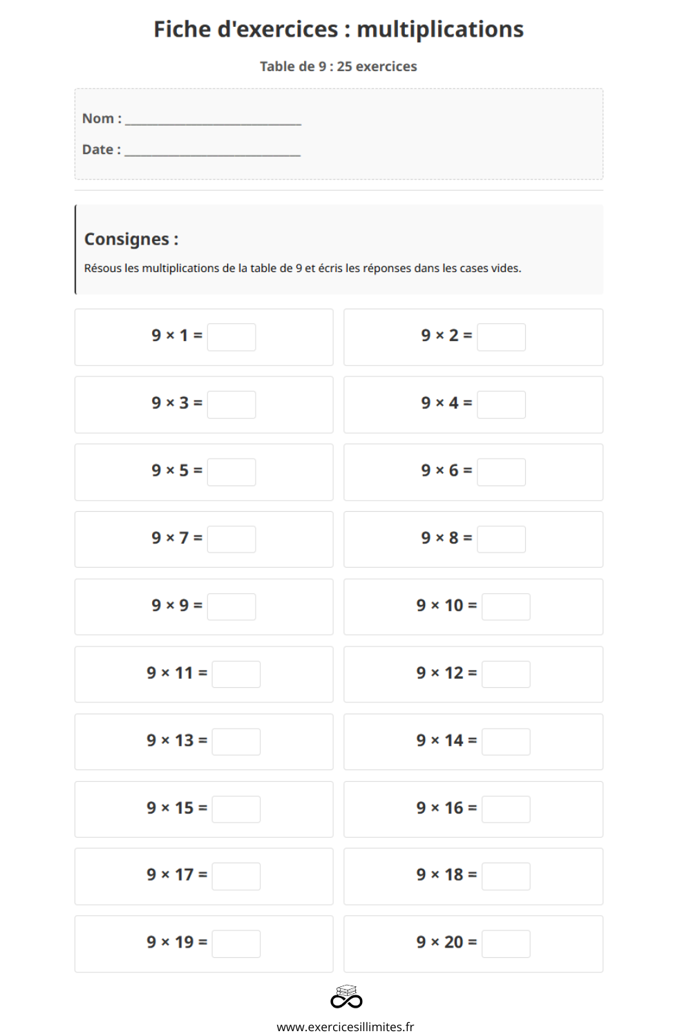 Table de multiplication de 9 – Exercices et évaluation
