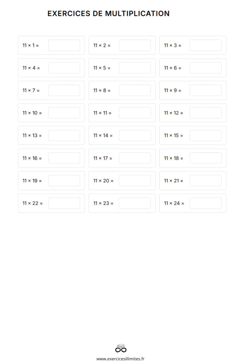 Table de multiplication de 11 – Exercices et évaluation