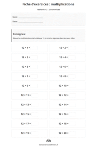 Table de multiplication de 12 – Exercices et évaluation