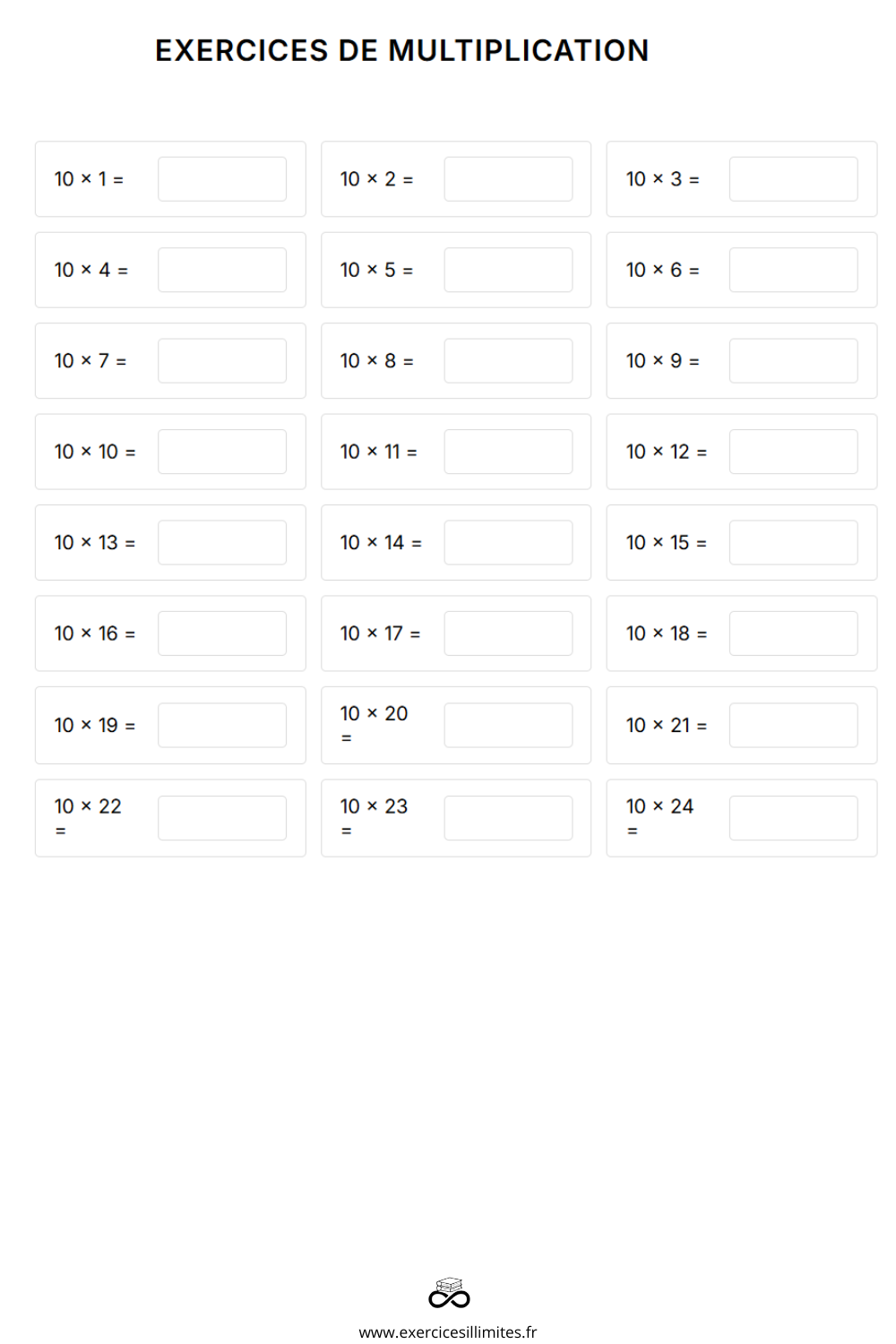 Table de multiplication de 10 – Exercices et évaluation