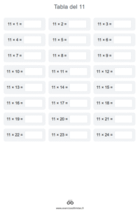 Table de multiplication de 11 – Exercices et évaluation
