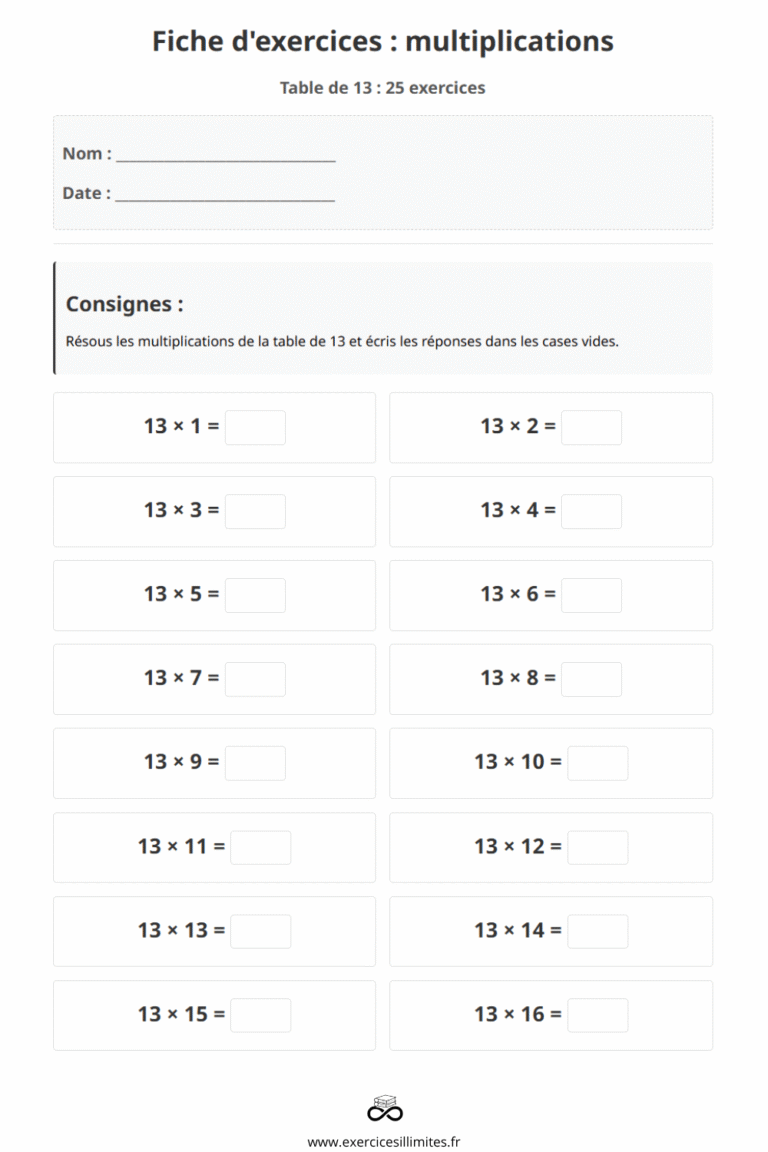 Table de multiplication de 13 – Exercices et évaluation