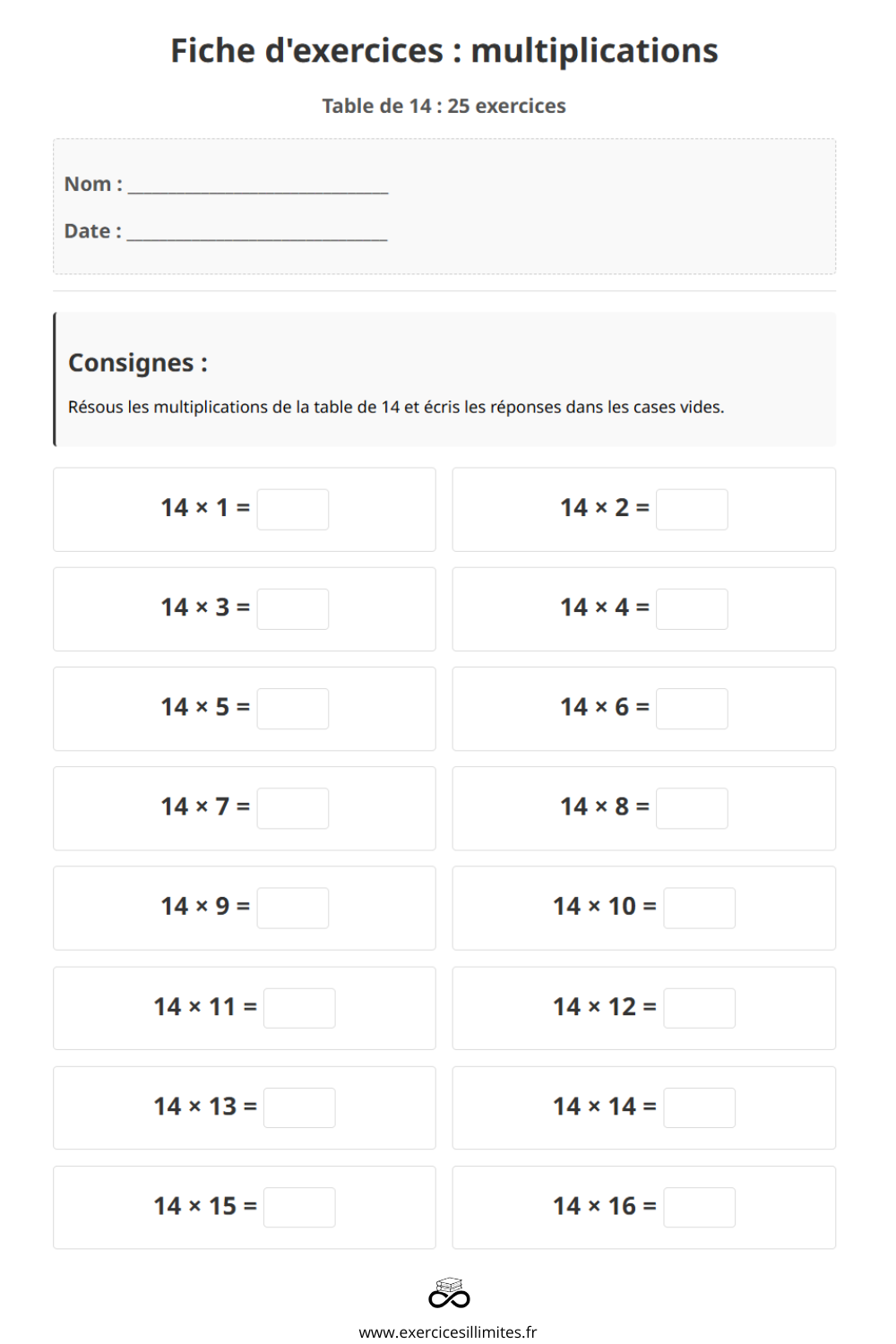 Table de multiplication de 14 – Exercices et évaluation