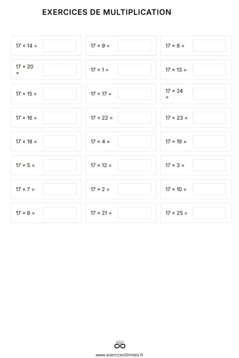 Table de multiplication de 17 – Exercices et évaluation