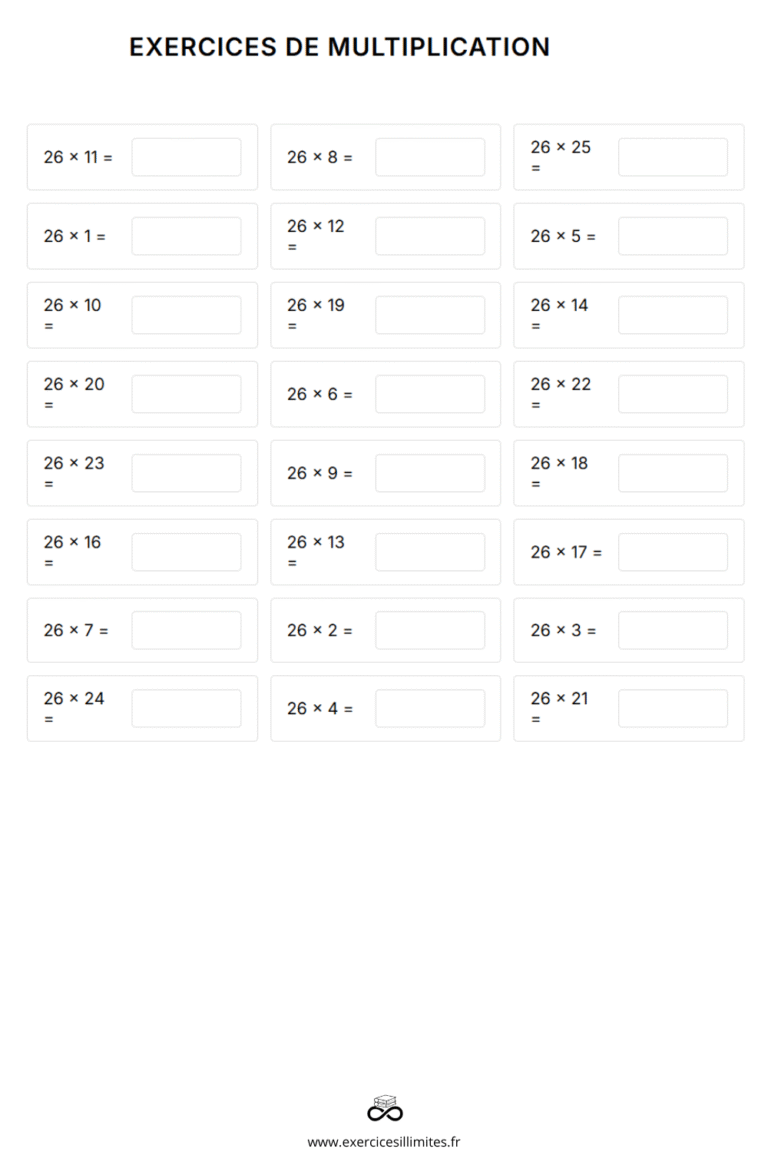 Table de multiplication de 26 – Exercices et évaluation
