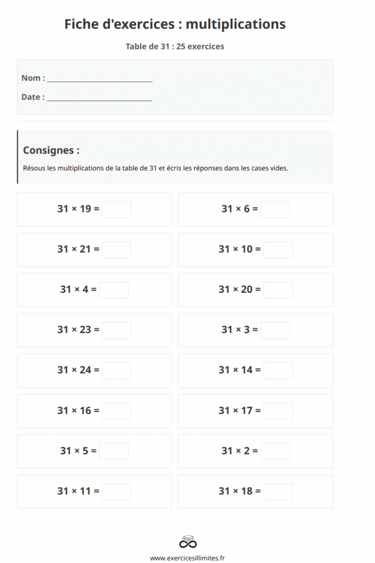 Table de multiplication de 31 – Exercices et évaluation