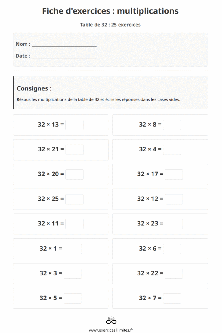 Table de multiplication de 32 – Exercices et évaluation
