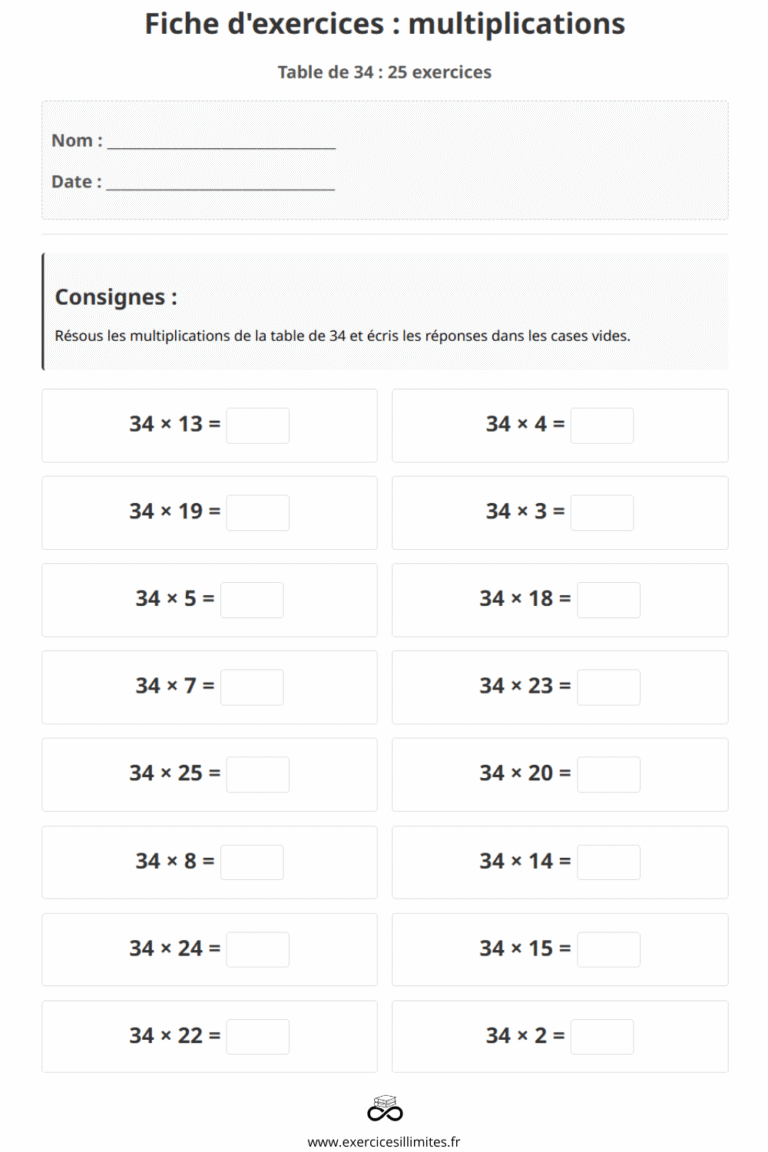 Table de multiplication de 34 – Exercices et évaluation