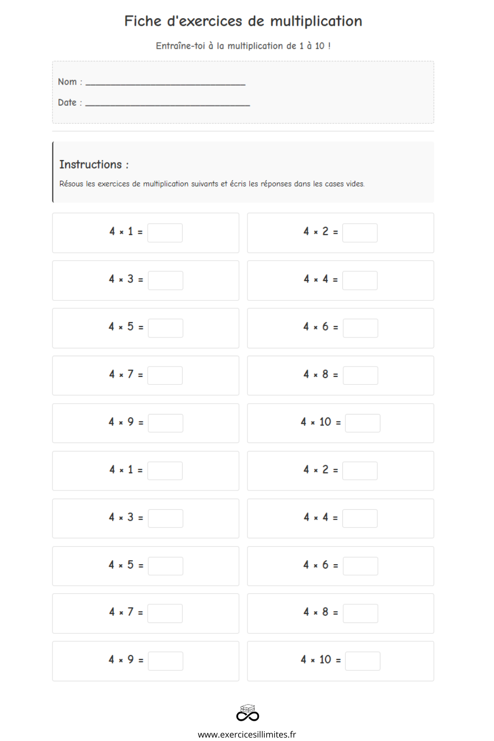 Table de multiplication de 4 – Exercices et évaluation
