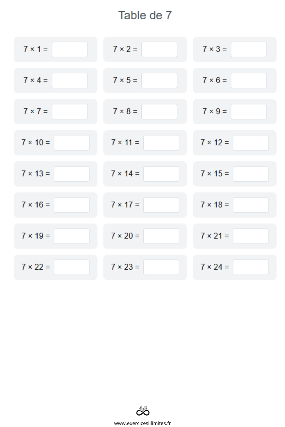 Table de multiplication de 7 – Exercices et évaluation
