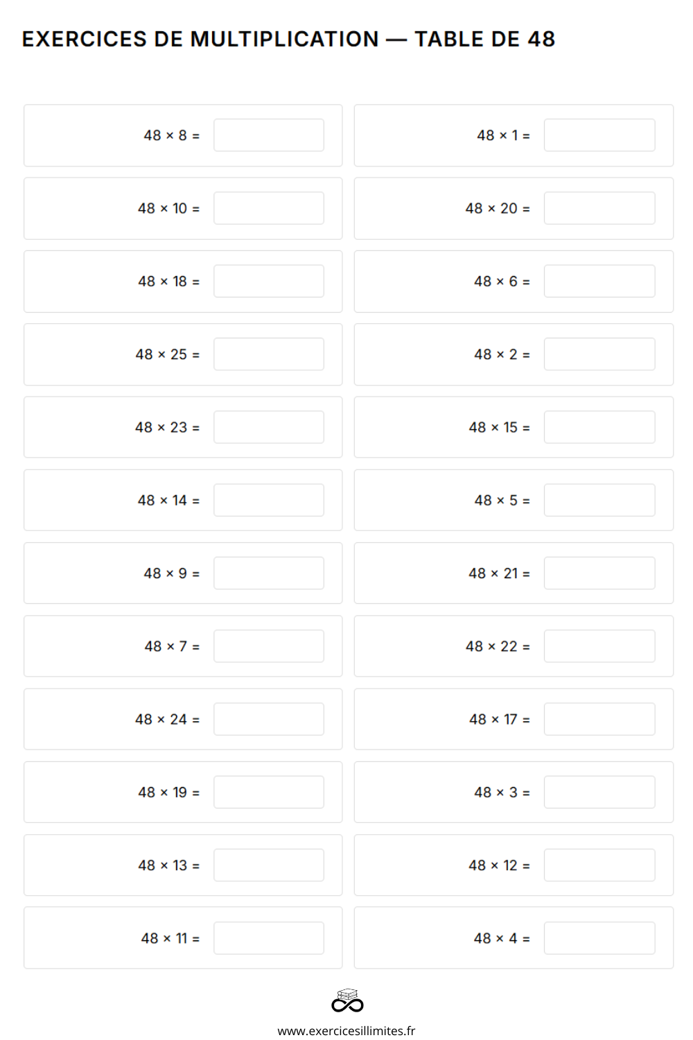 Table de multiplication de 48 – Exercices et évaluation