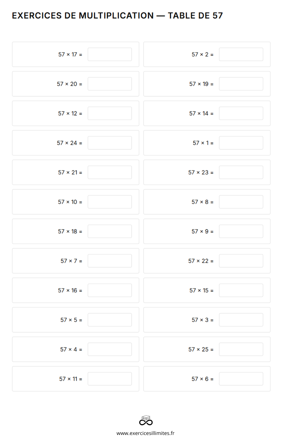 Table de multiplication de 57 – Exercices et évaluation