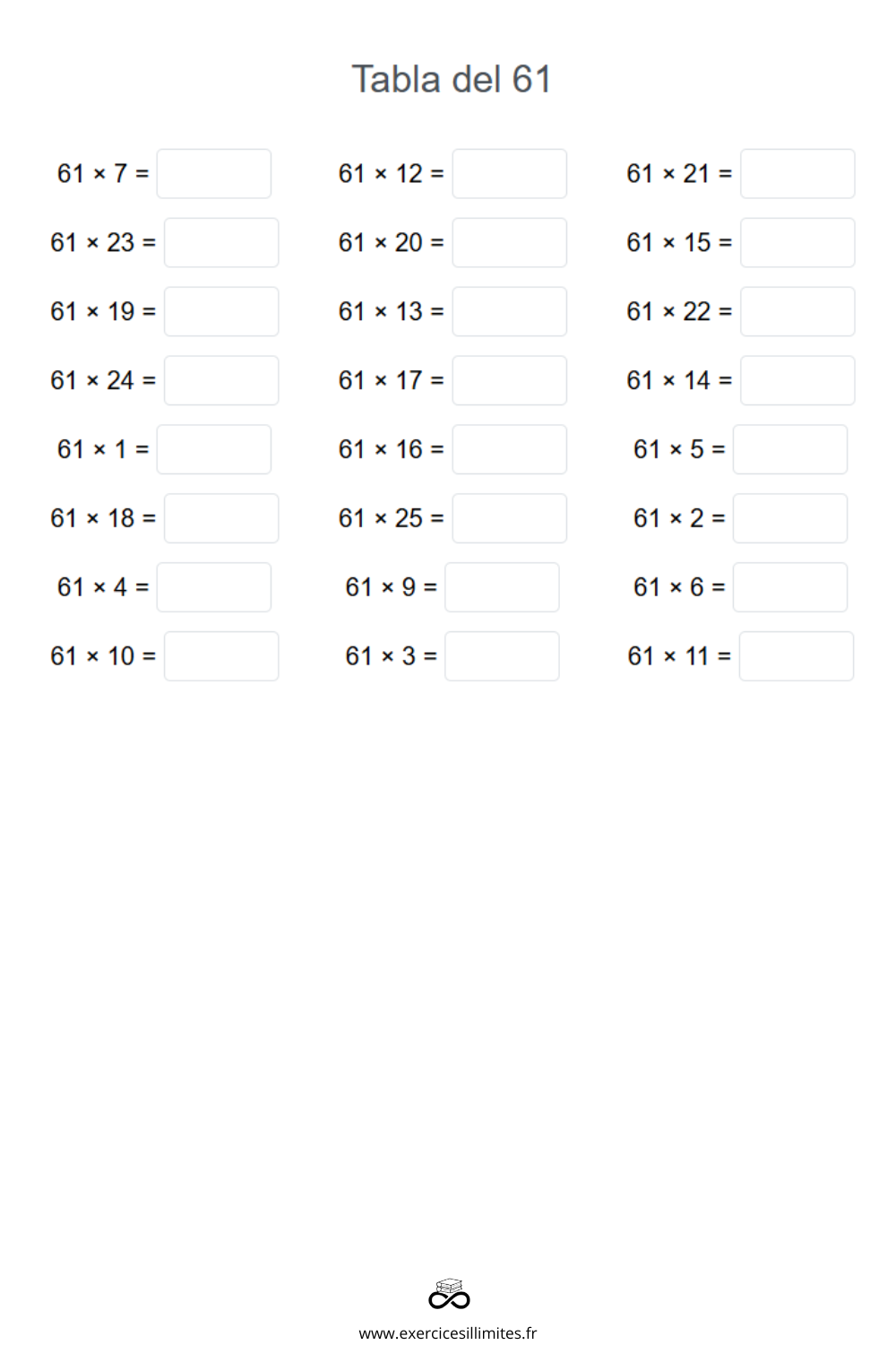 Table de multiplication de 61 – Exercices et évaluation