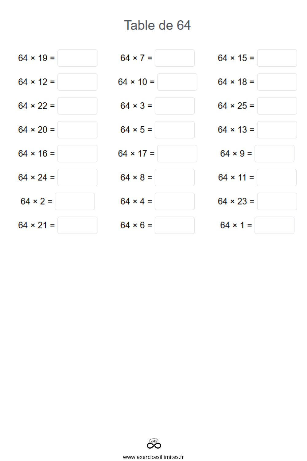 Table de multiplication de 64 – Exercices et évaluation