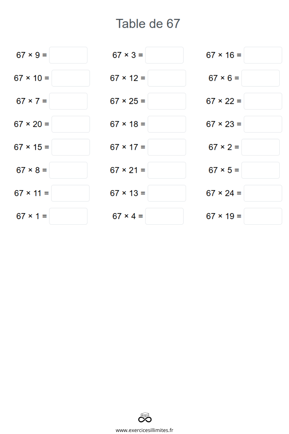 Table de multiplication de 67 – Exercices et évaluation