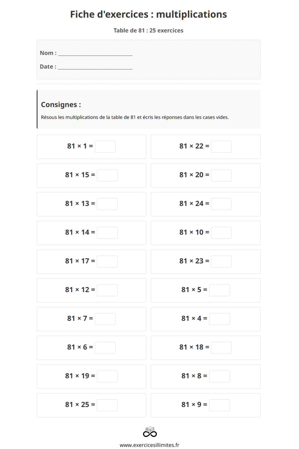 Table de multiplication de 81 – Exercices et évaluation