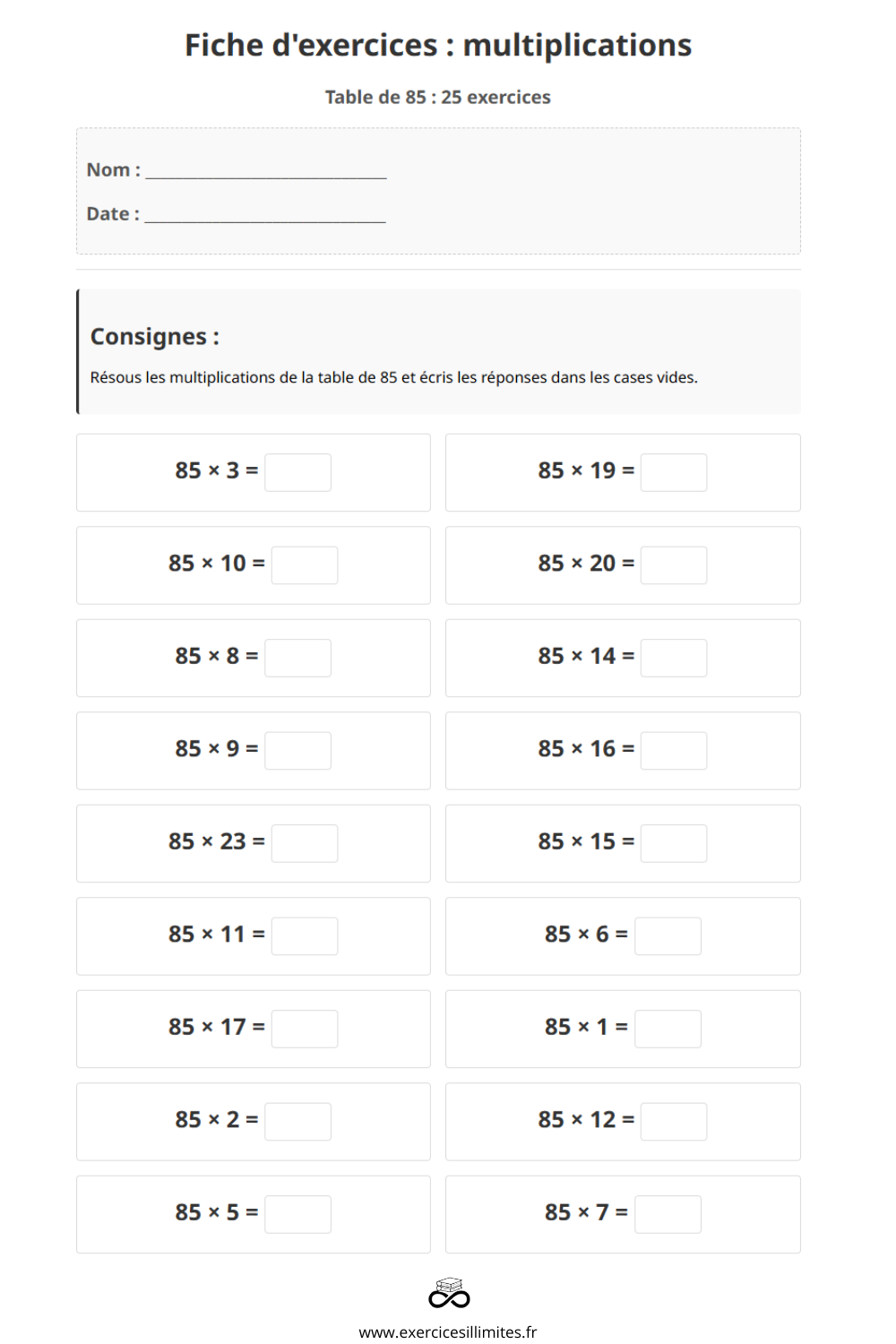 Table de multiplication de 85 – Exercices et évaluation