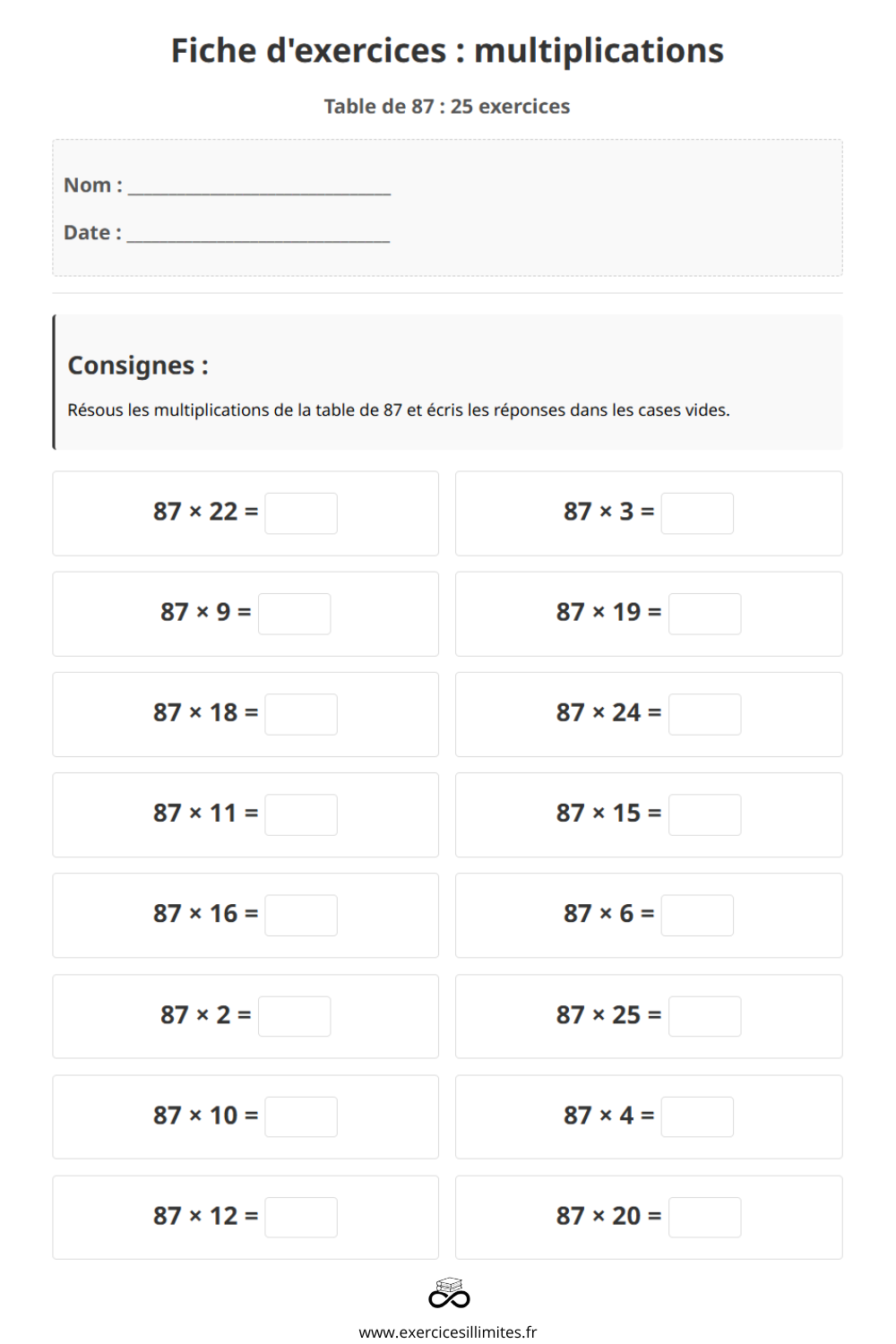 Table de multiplication de 87 – Exercices et évaluation
