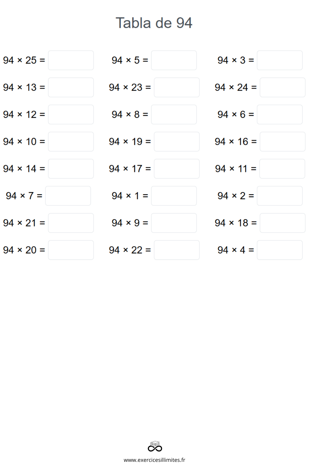 Table de multiplication de 94 – Exercices et évaluation