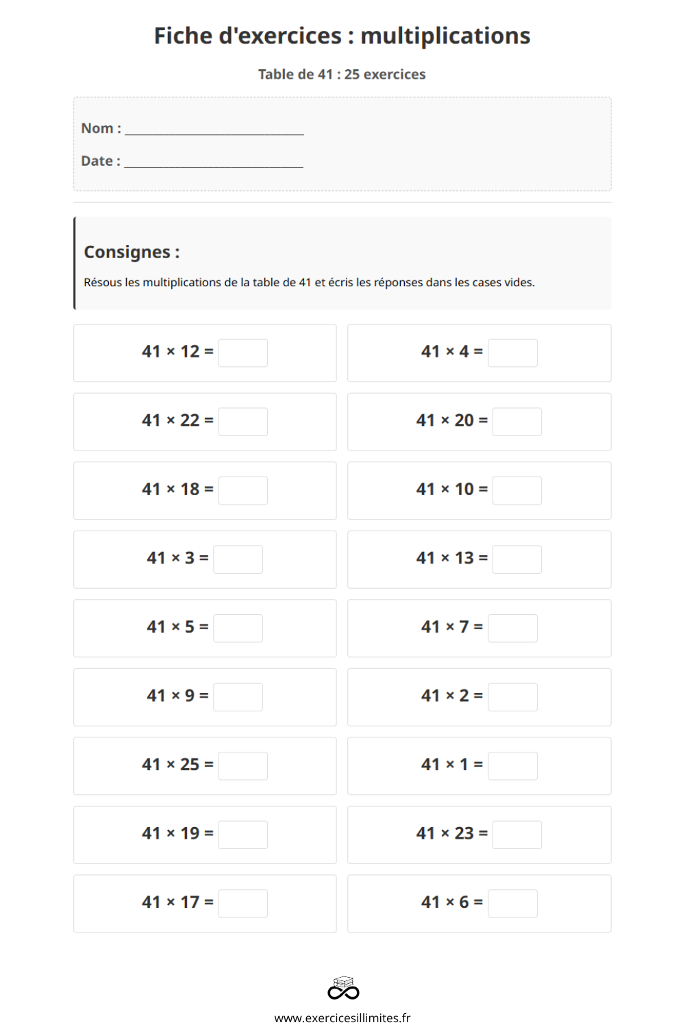 Table de multiplication de 41 – Exercices et évaluation