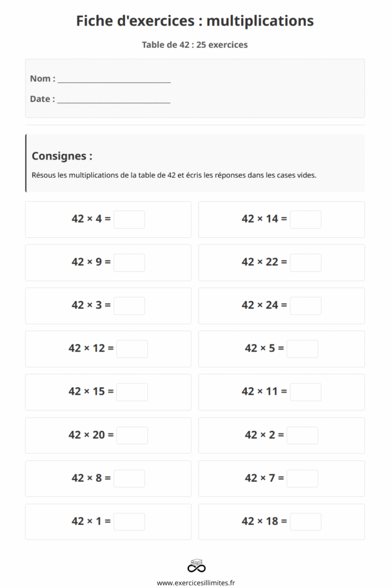 Table de multiplication de 42 – Exercices et évaluation