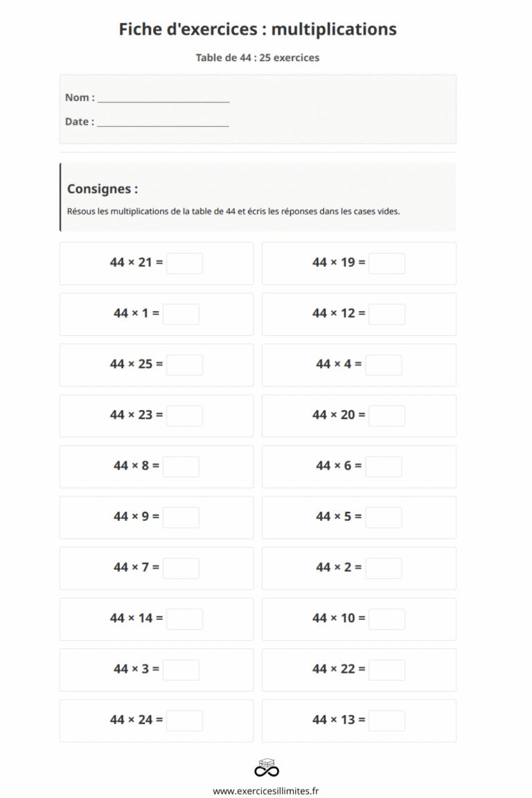 Table de multiplication de 44 – Exercices et évaluation