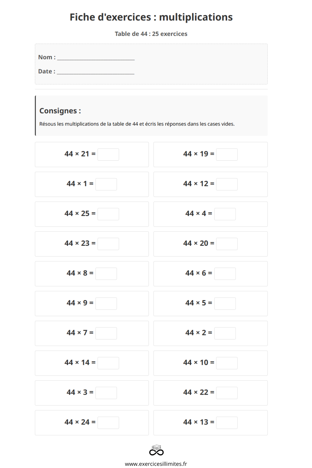 Table de multiplication de 44 – Exercices et évaluation