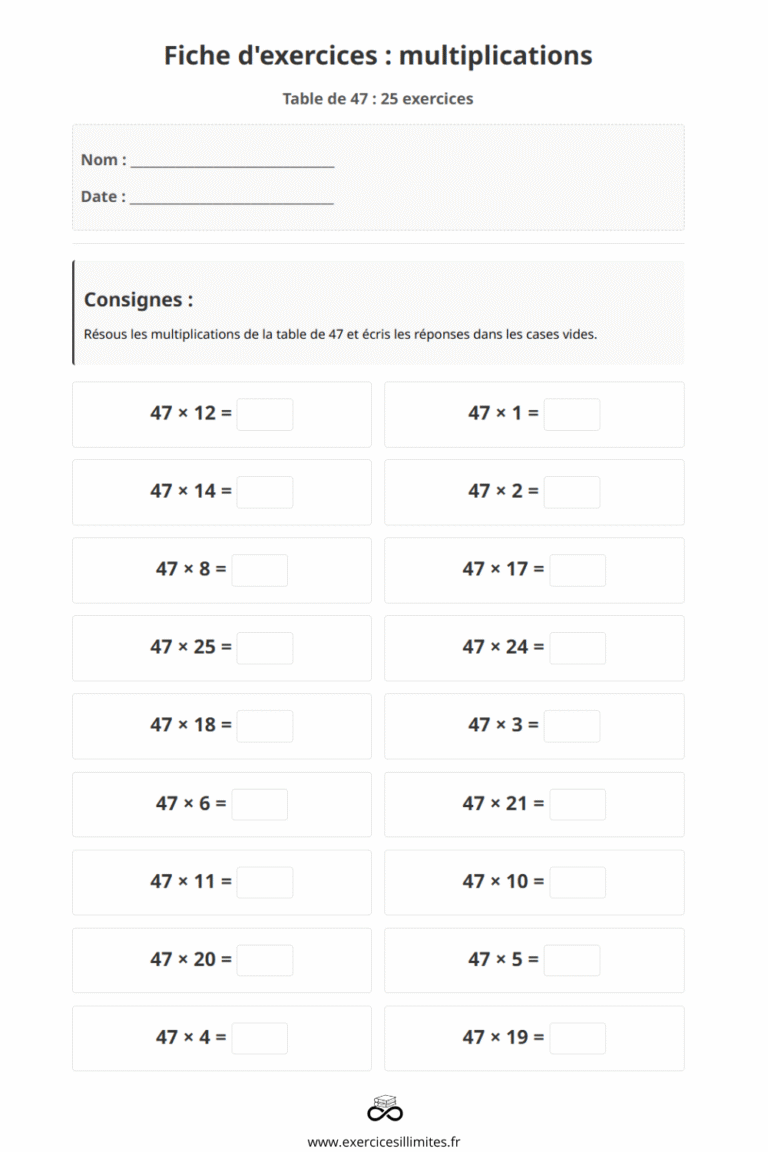 Table de multiplication de 47 – Exercices et évaluation